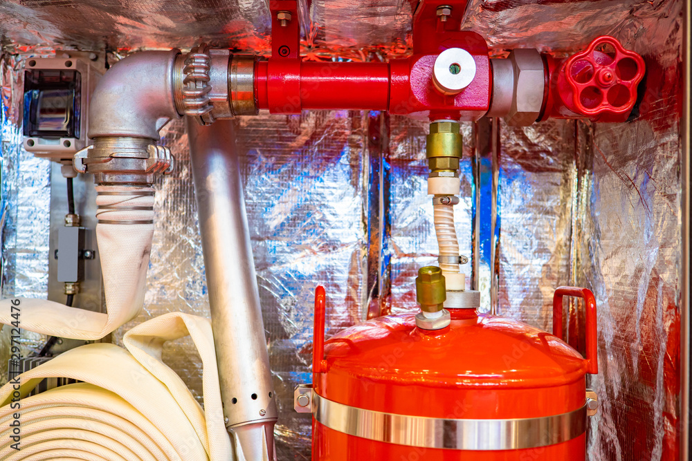 Firefighting. Modern fire extinguishing system. Fire fighting equipment ...