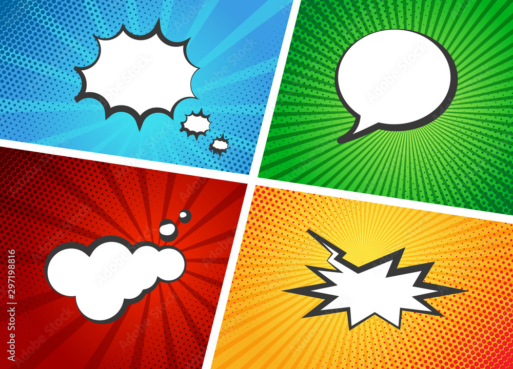 Cartoon superhero bubble dialog scenes on different color backgrounds ...