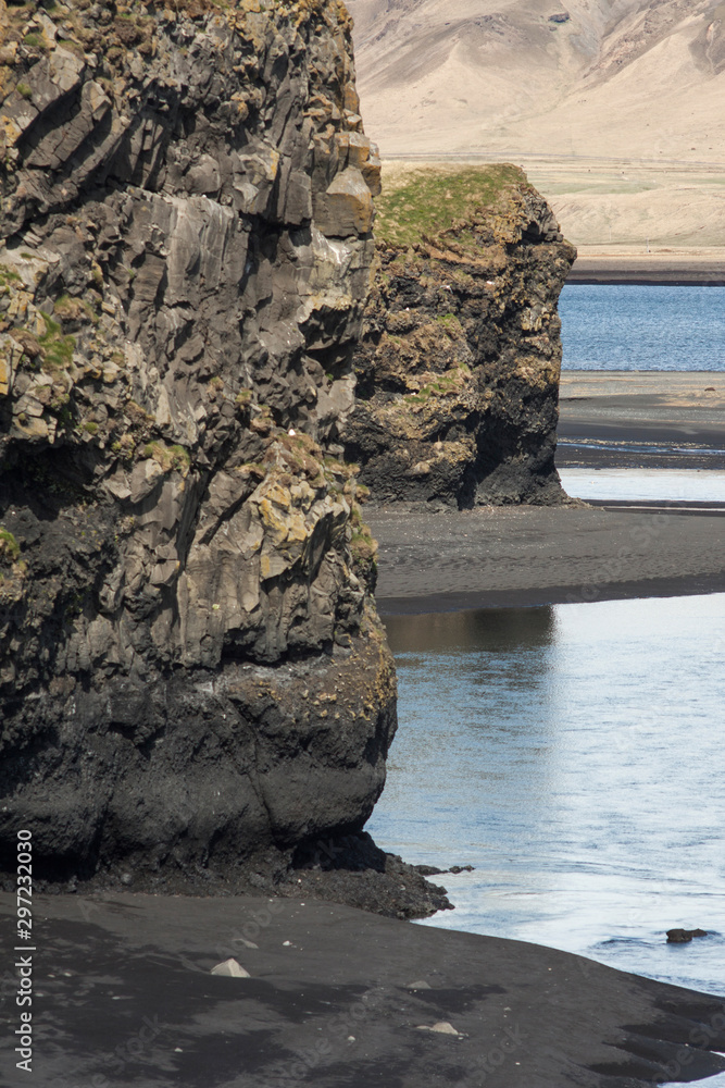Reynisfjara black basalt sand beach in Vík í Mýrdal in Iceland on the ...
