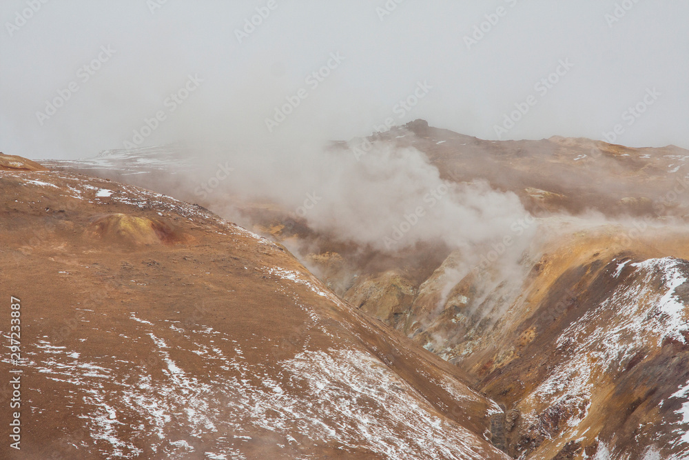Panorama of geothermal area Hverarönd (Hverir), situated by the orange ...