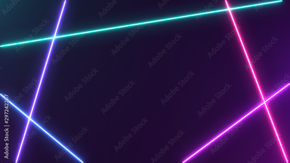 Abstract Neon bright lens flare colored on black background. Laser show ...