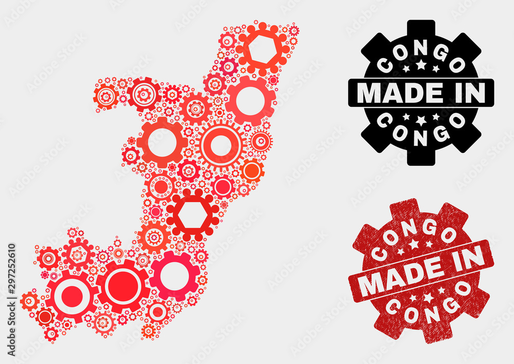 Mosaic industrial Republic of the Congo map and scratched seal. Vector ...
