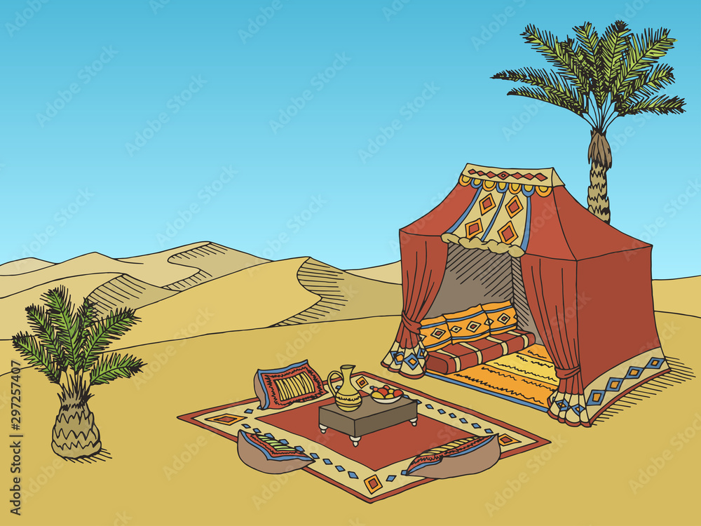 Desert tent graphic black white landscape sketch illustration vector ...