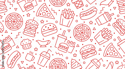 Fast food seamless pattern with vector line icons of hamburger, pizza ...