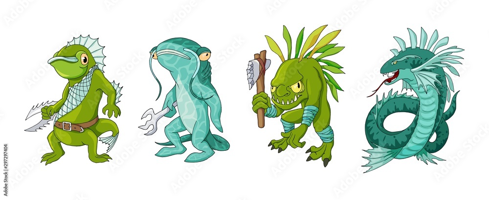 Cartoon monster sea creature characters set. Vector clip art ...