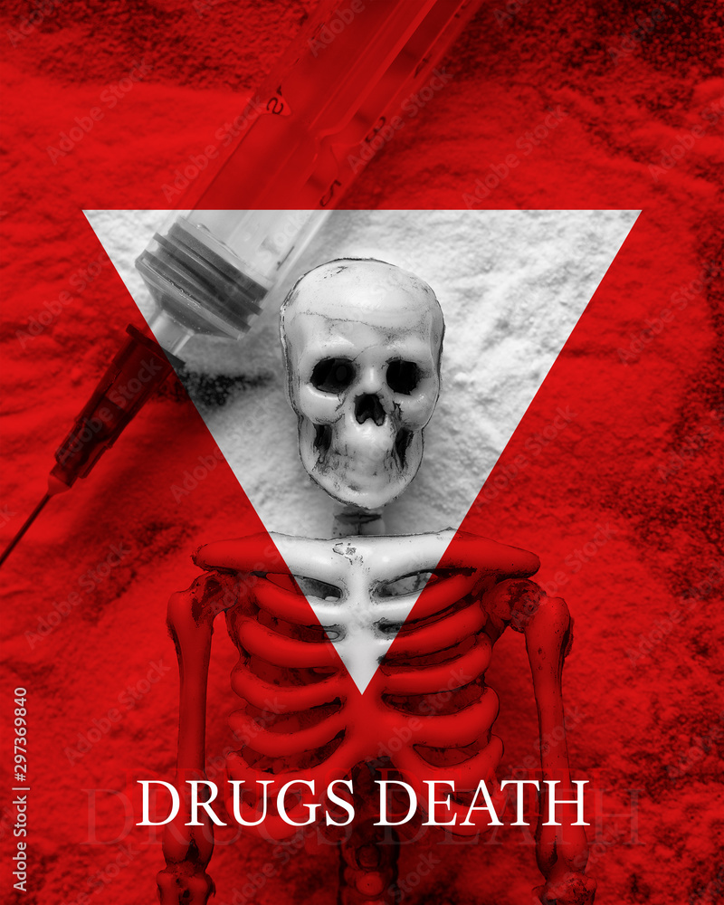 Skull and narcotic powder with a syringe. Drug death. Human skeleton ...