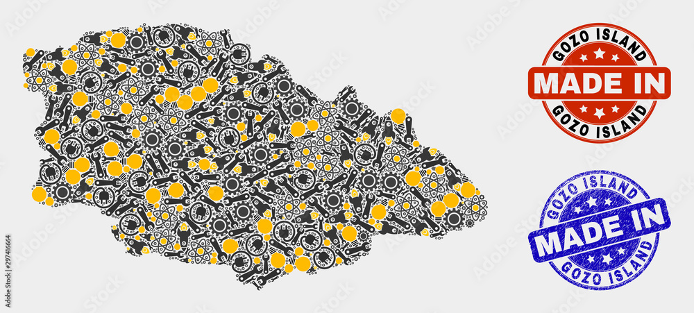 Mosaic technical Gozo Island map and blue Made In textured seal. Vector ...