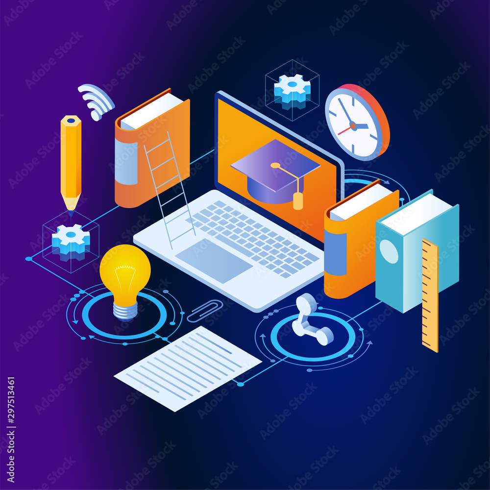 Laptop book electronic library and cloud computing conceptual images ...