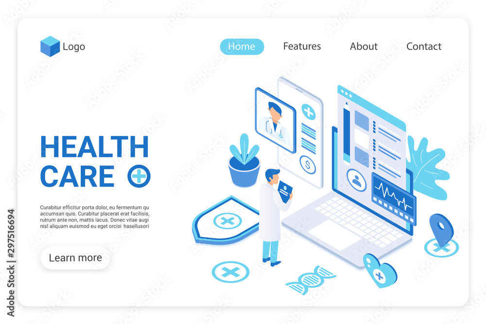 Health care landing page vector template. Diagnostics clinic, hospital ...