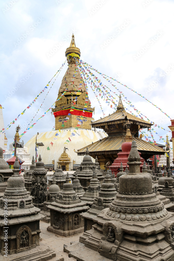 Swayambhunath, the monkey temple, with prayer flags, Kathmandu, Nepal ...