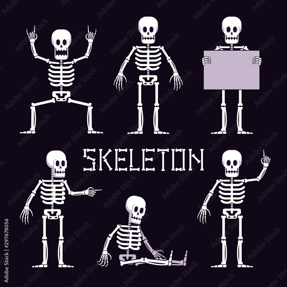 Skeleton in various poses is cartoon style. Funny skeleton with various ...