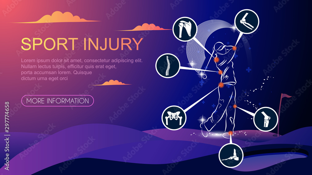 Medical infographic orthopedic. Human silhouette in Golf motion injury ...