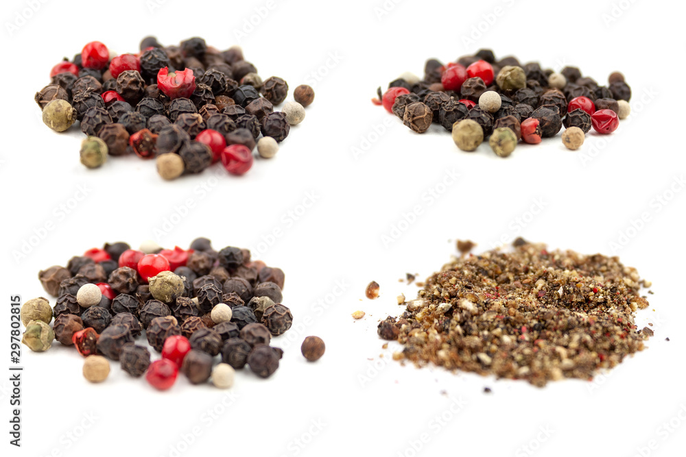 Set of four photos of a mix of four types of grain and ground pepper ...