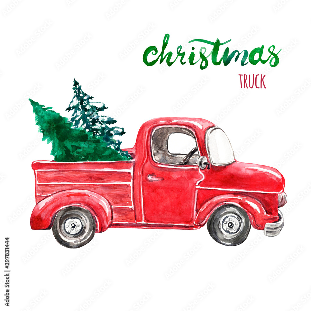 Watercolor red Christmas truck with holiday pine trees, isolated on ...