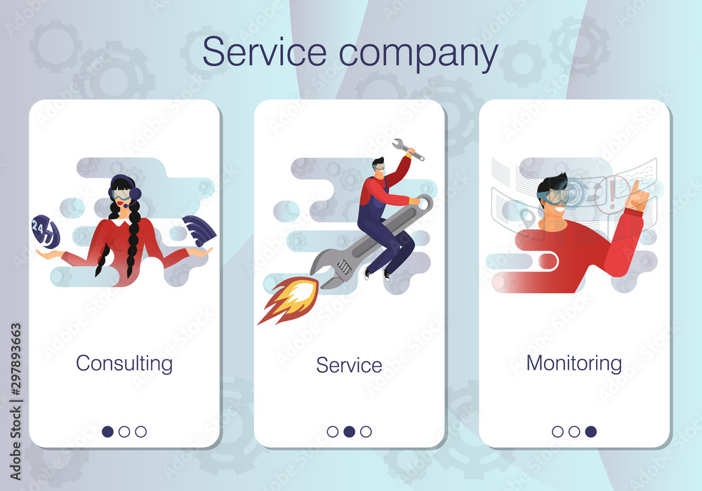 Set of mobile app pages of service company about services, consulting ...