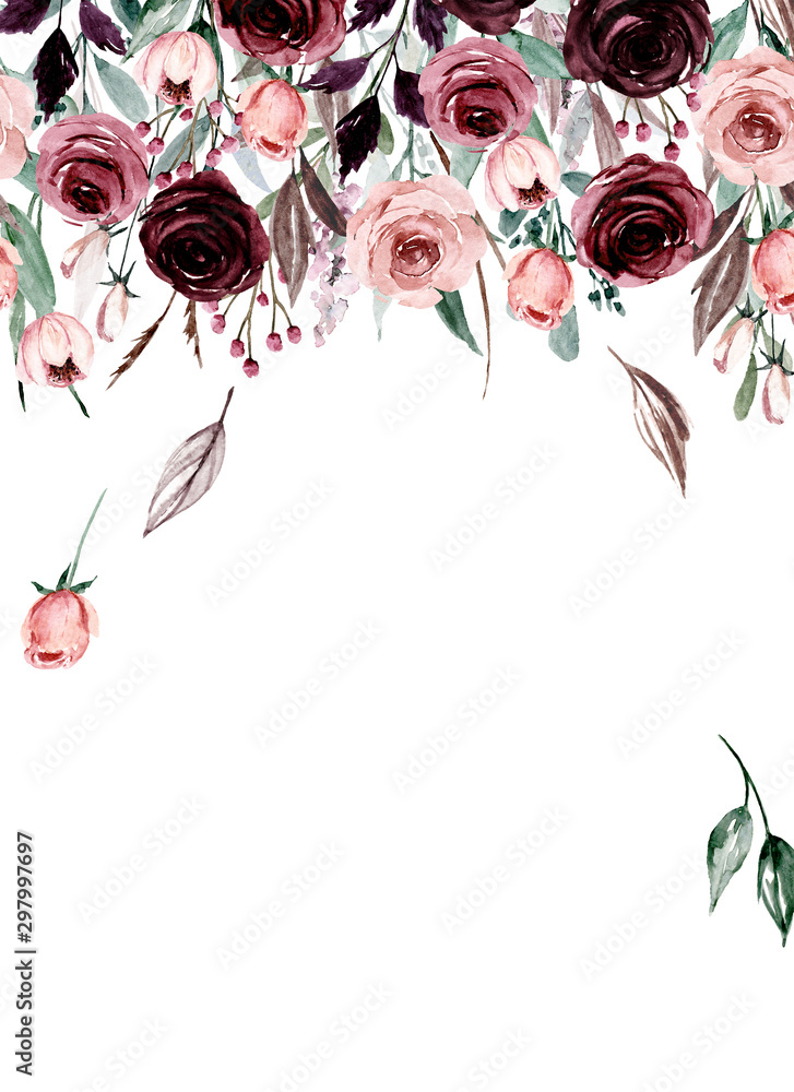 Greeting card template with watercolor pink and burgundy flowers roses ...