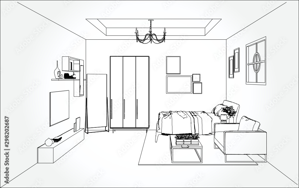 Linear sketch of an interior. Living room and bedroom drawing plan ...