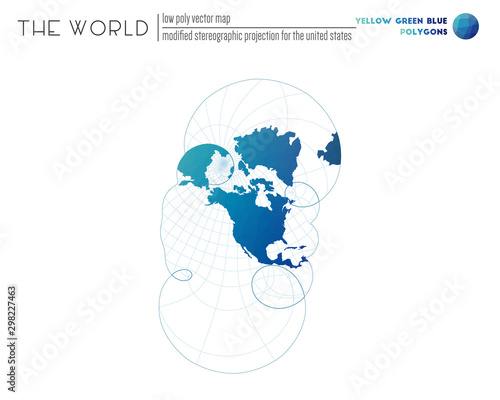 World map with vibrant triangles. Modified stereographic projection for ...