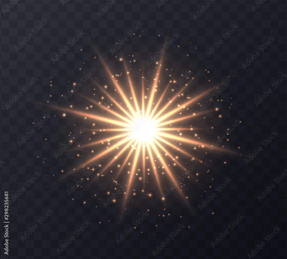 Shining sun flare with stars and sparkles isolated on dark transparent ...
