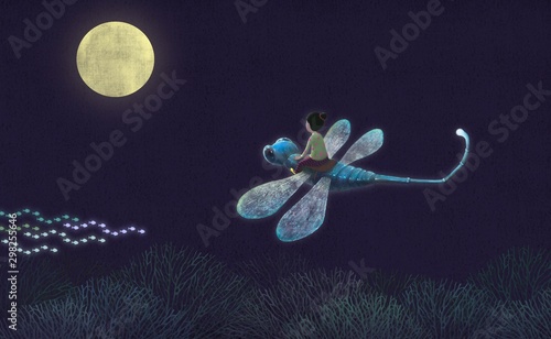 fantasy scene Girl riding giant dragonfly to the moon in the night ...