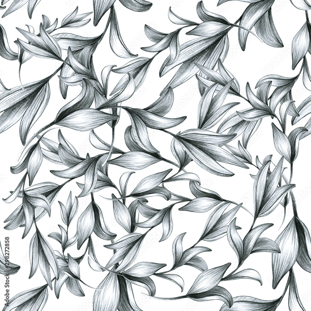 Seamless pattern with pencil tropical leaves in green shades. manual ...