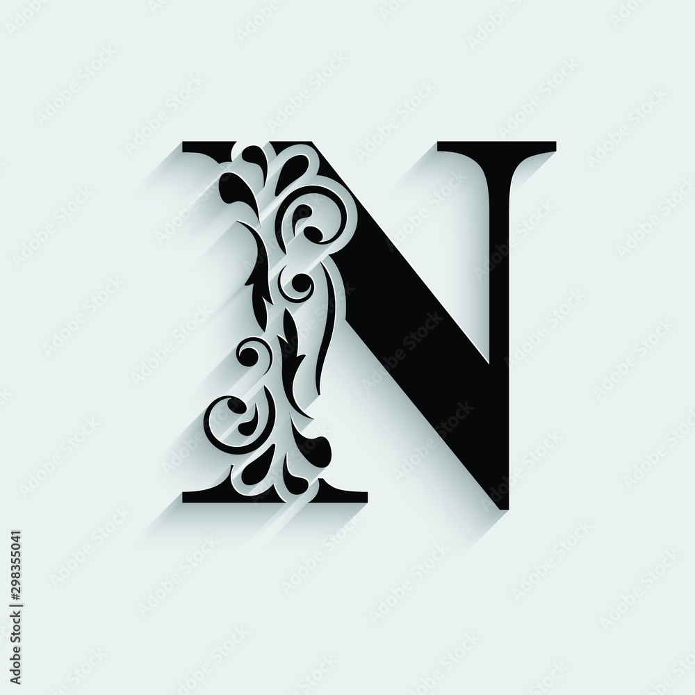 letter N. Black flower alphabet. Beautiful capital letters with shadow ...
