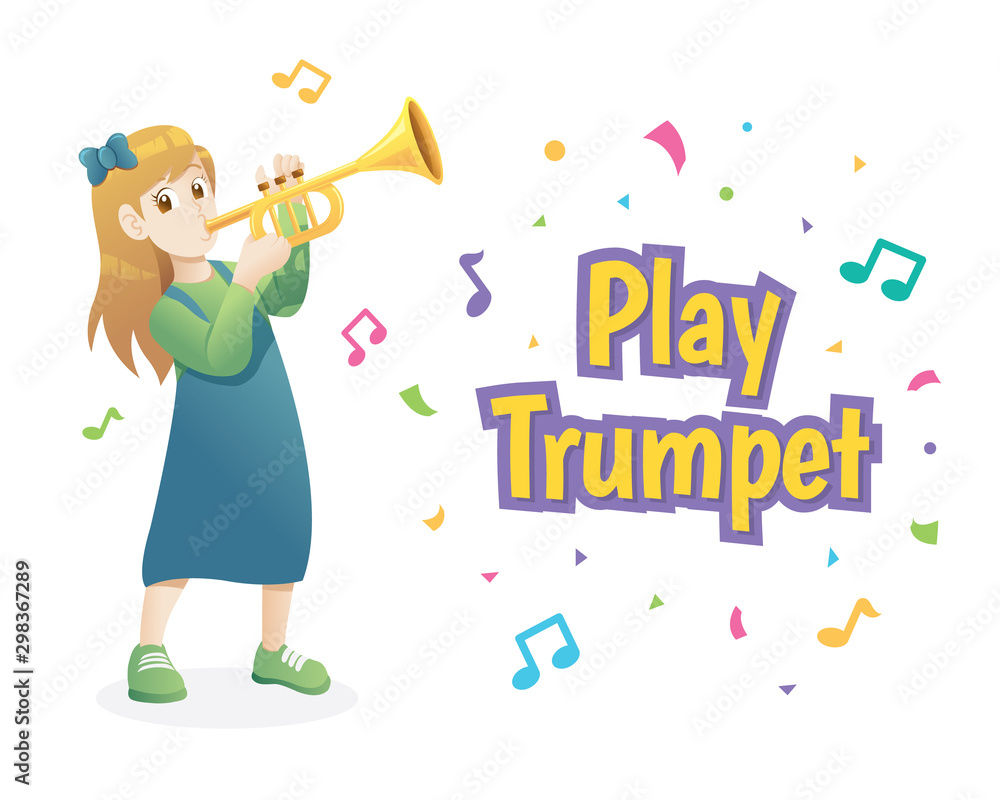 Girl playing trumpet. Cute girl playing the trumpet on blue background ...