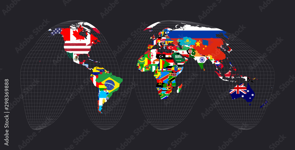 World map with flags. Goode's interrupted homolosine projection. Map of ...