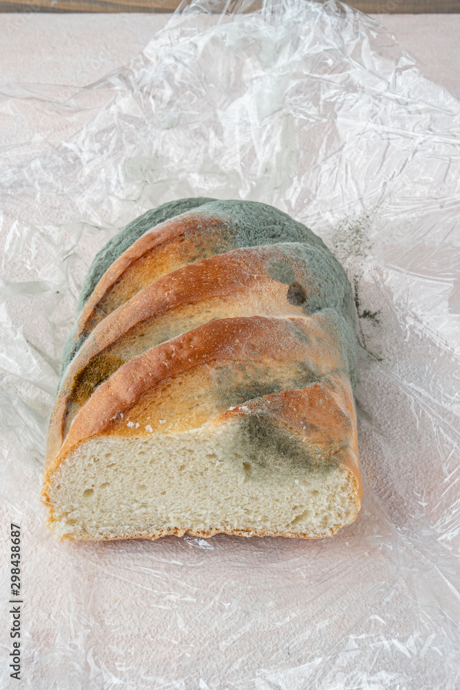 Mold on bread, a stale loaf with a large coating of mold. Close up ...
