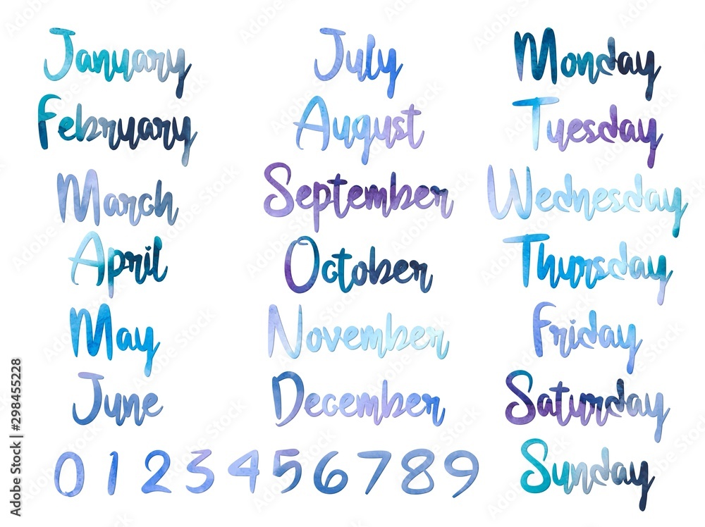 Watercolor lettering of month names, days of week, dates/numbers. Stock ...