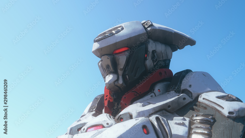 3d illustration of a sci-fi giant robot against the clear sky. Digital ...