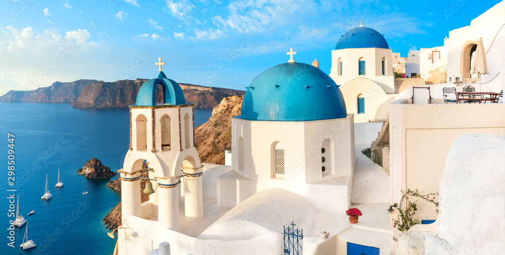 Local church with blue cupola in Oia village, Santorini island, Greece ...