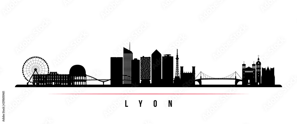 Lyon skyline horizontal banner. Black and white silhouette of Lyon ...