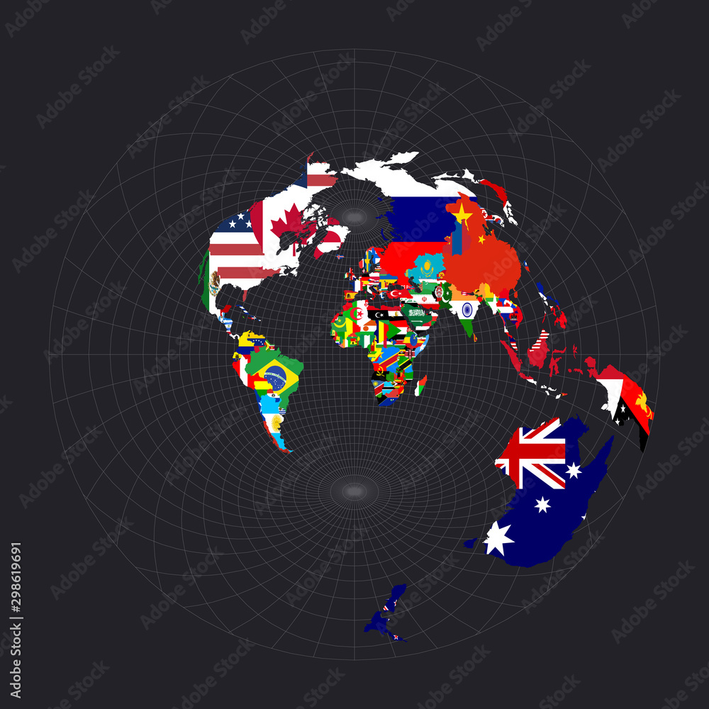 World map with all countries and their flags. Airy's minimum-error ...