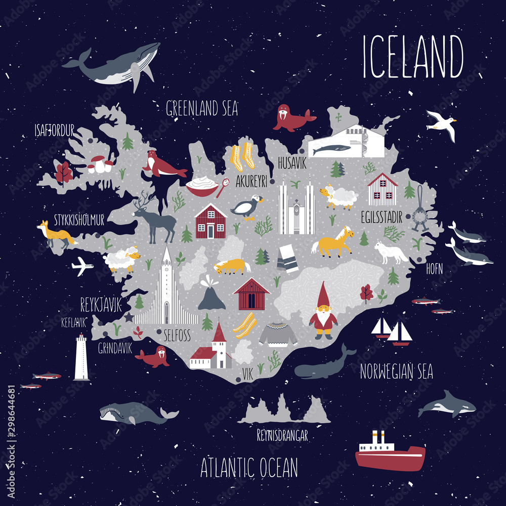 Cartoon map of Iceland, Nordic country geographic wallpaper, Icelandic ...