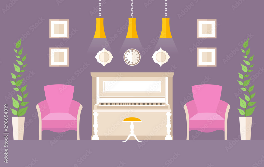 Piano room in flat style. Vector music room with furniture and decor ...