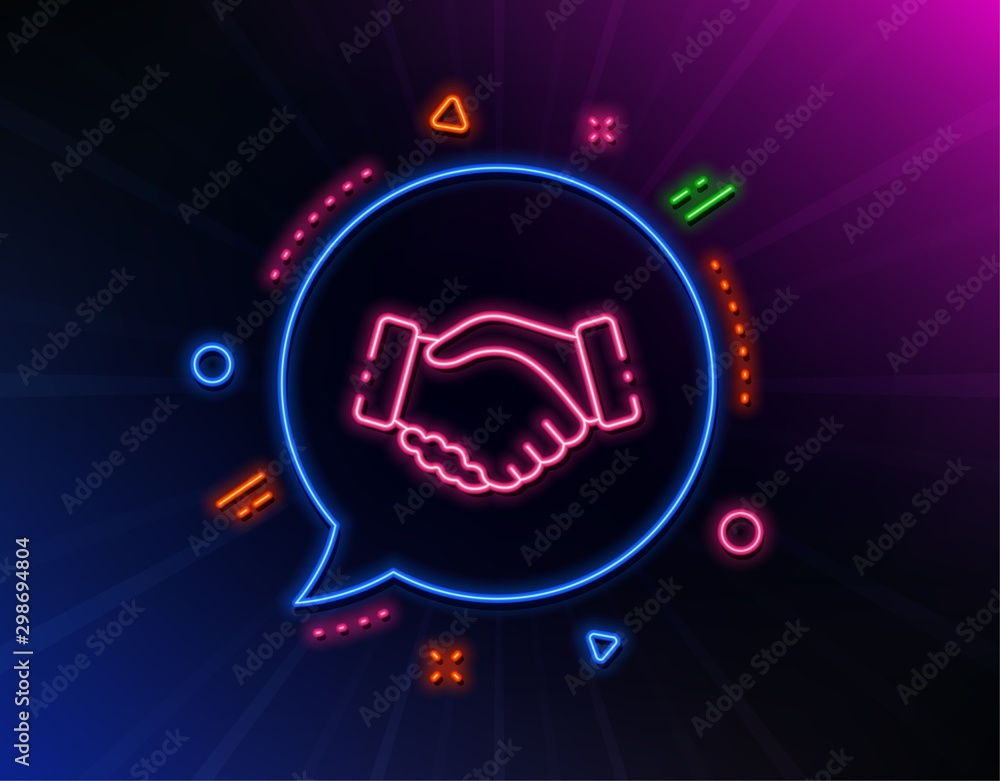 Handshake line icon. Neon laser lights. Hand gesture sign. Business ...