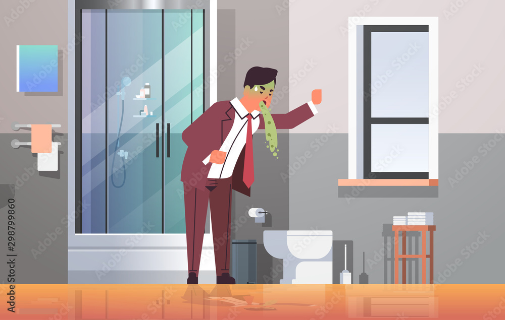sad businessman with pale face vomiting nausea stomach ache food or ...