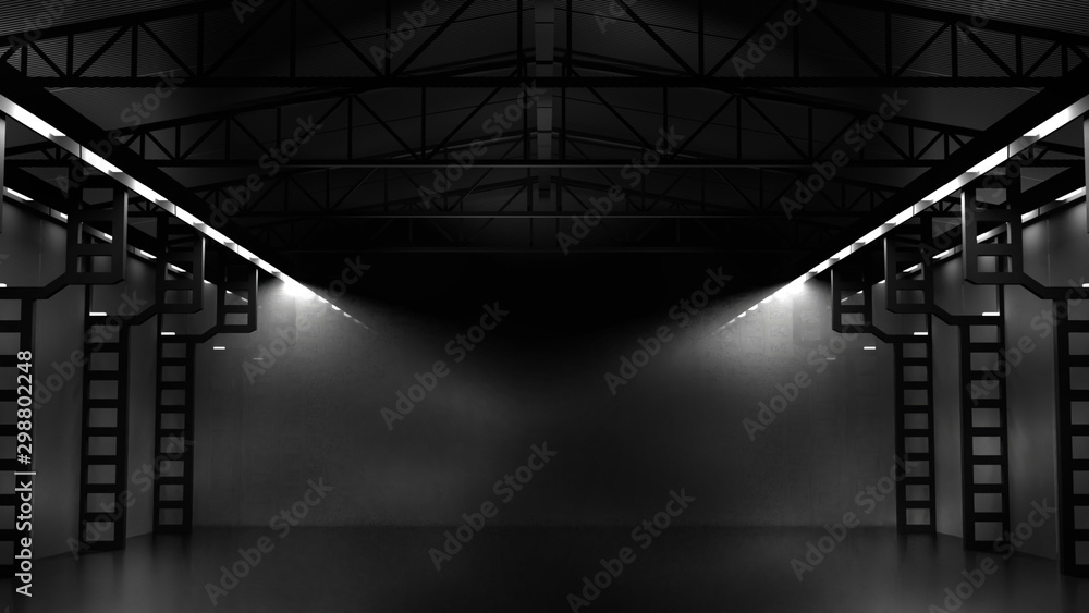 3D Rendering of dark room with dim light in empty factory. For ...