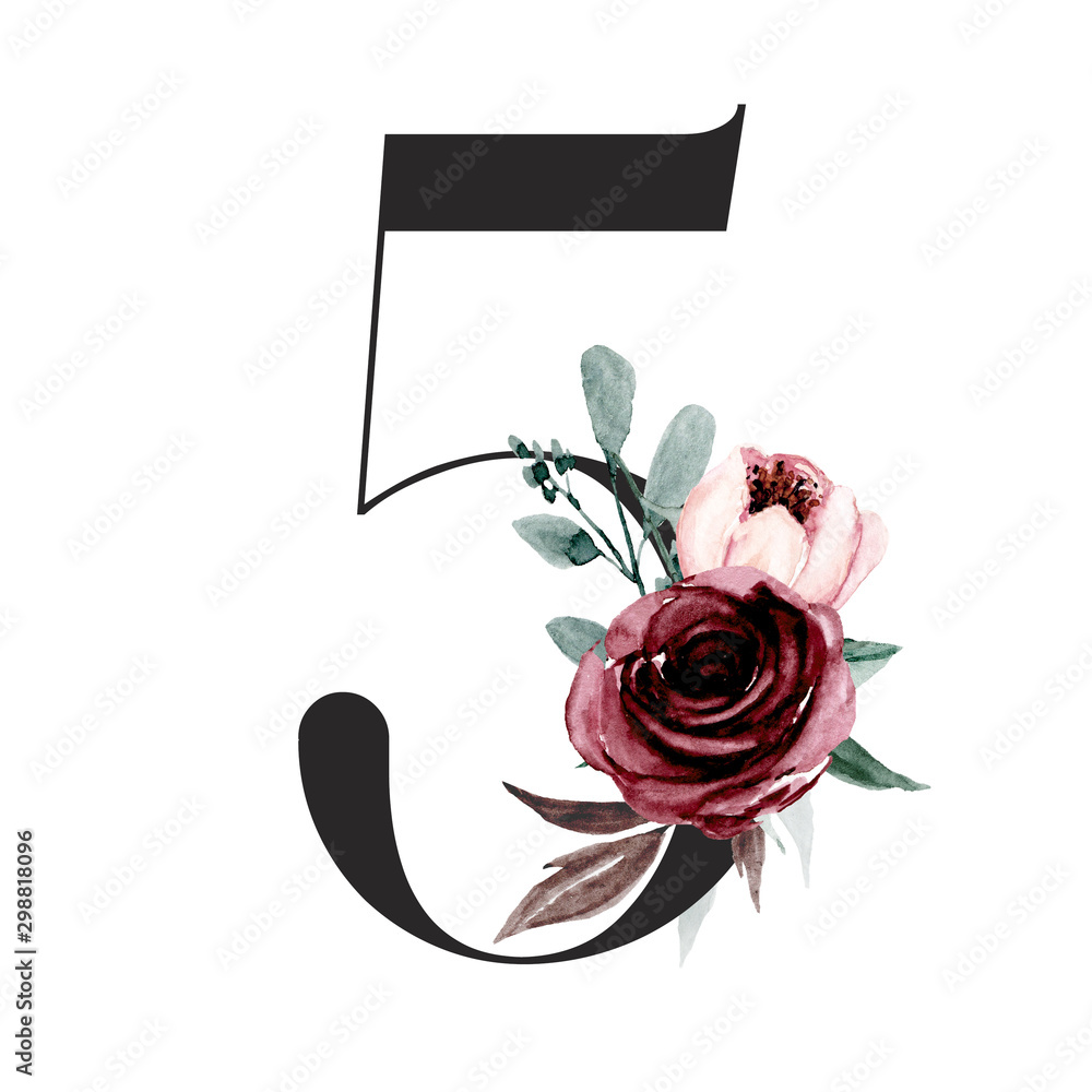 Ilustración de Stock Number 5 with watercolor flowers burgundy and pink ...