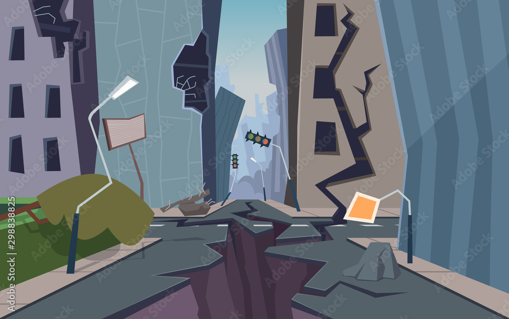 Damaged city. Destroyed urban landscape cracked ground and houses ...