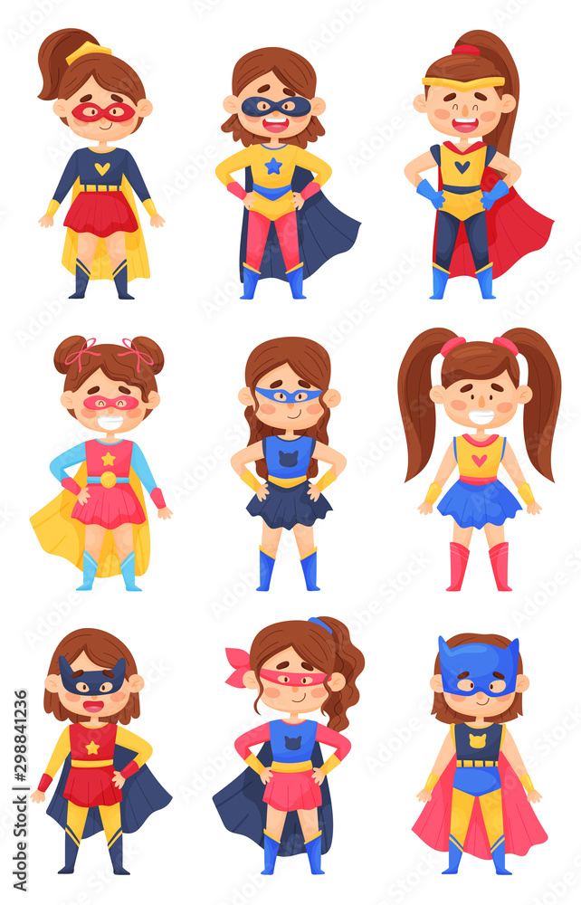 Set Of Little Girls In Costumes Of Superheroes And Cat Woman Vector ...
