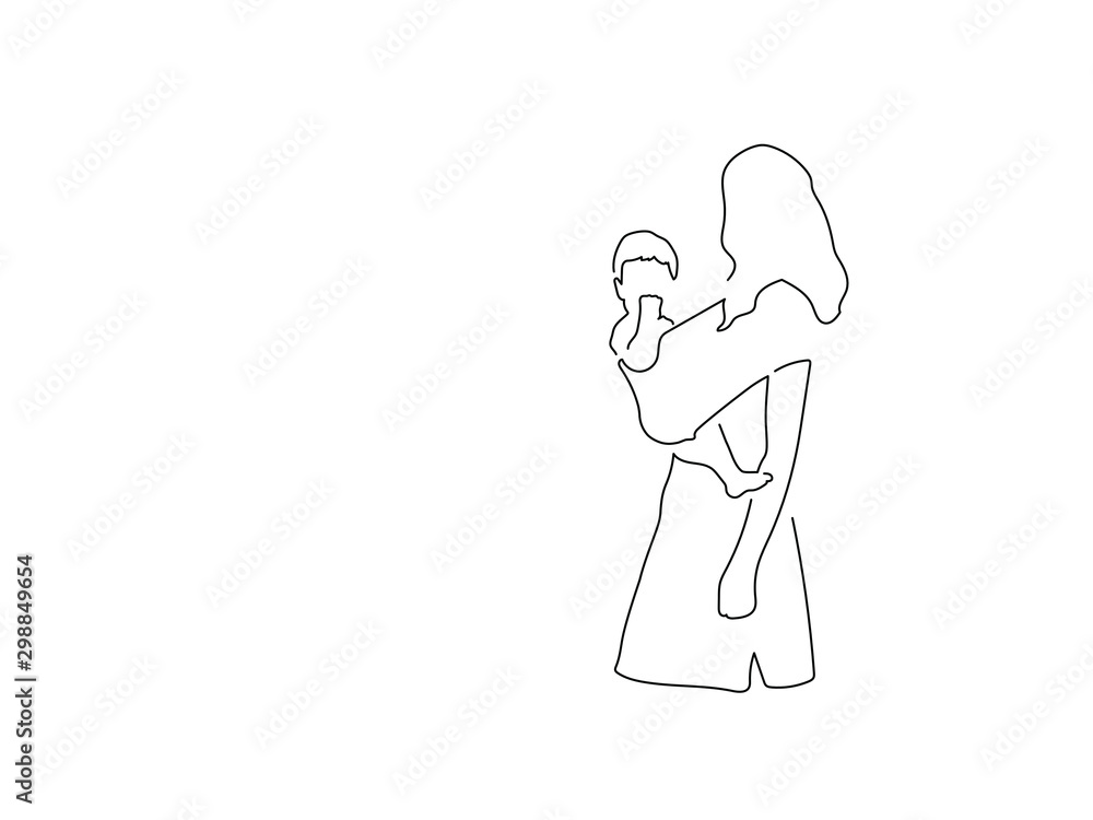 Woman holding her baby isolated line drawing, vector illustration ...