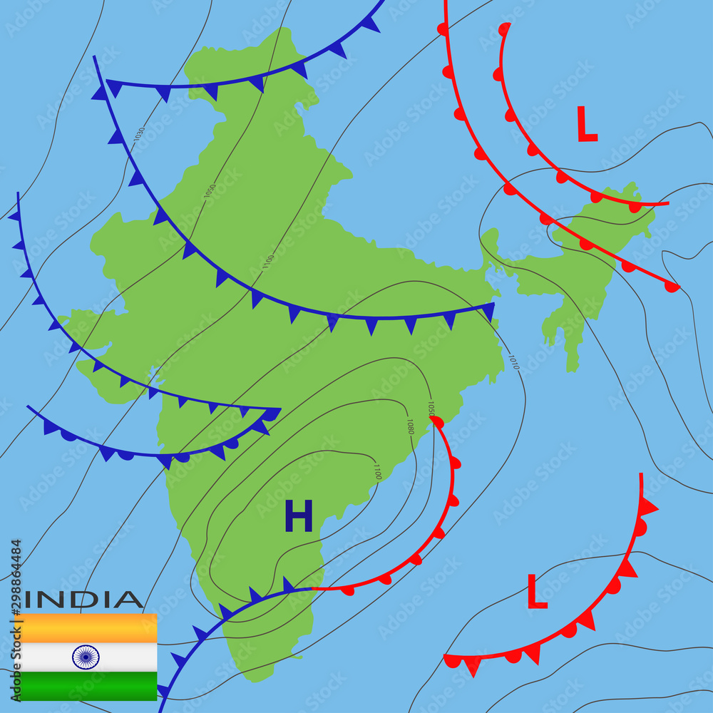 Weather map of the India. Realistic synoptic map of the India showing ...
