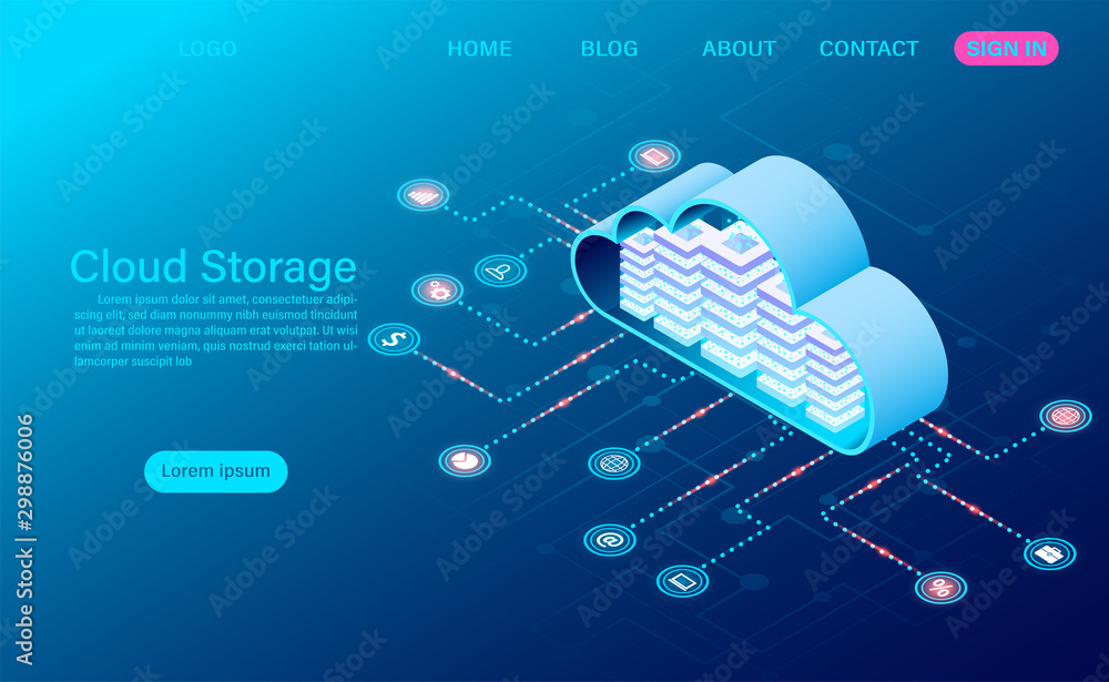 cloud storage technology and networking concept. Online computing technology. big data flow ...