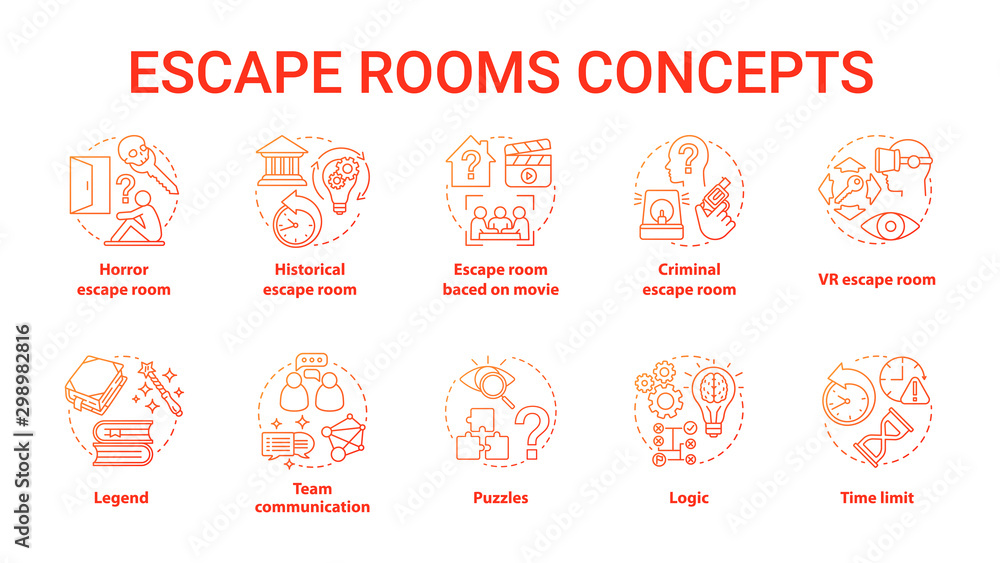 Escape room red gradient concept icons set. Quest types idea thin line ...