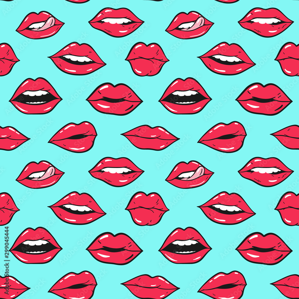 Beauty, makeup, cosmetic fashion seamless pattern. Vector red pink color doodle lips patches in ...