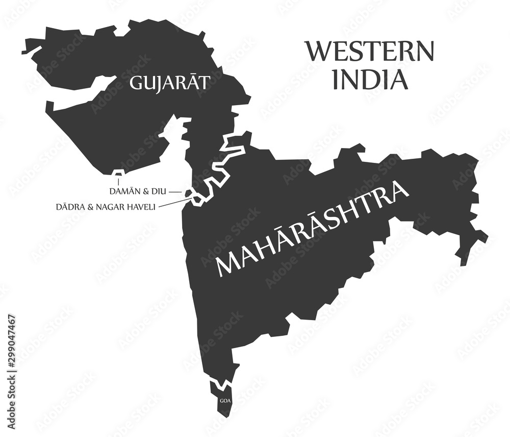 Western India region map labelled black illustration Stock Vector ...