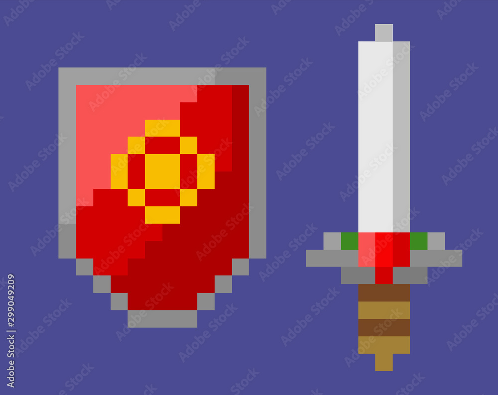 Pixel art icons vector, shield with sing and sword with sharp razor and ...