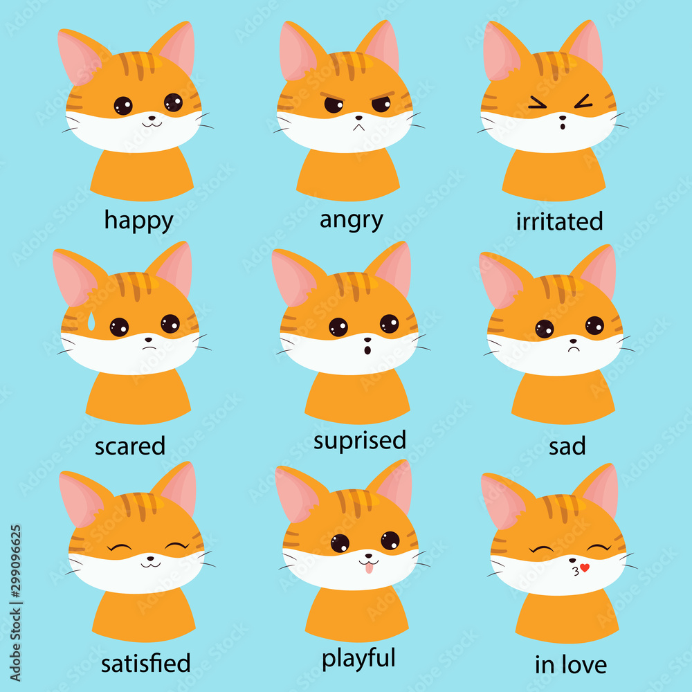 Cute kawaii set of cat faces with different expressions. Educational ...